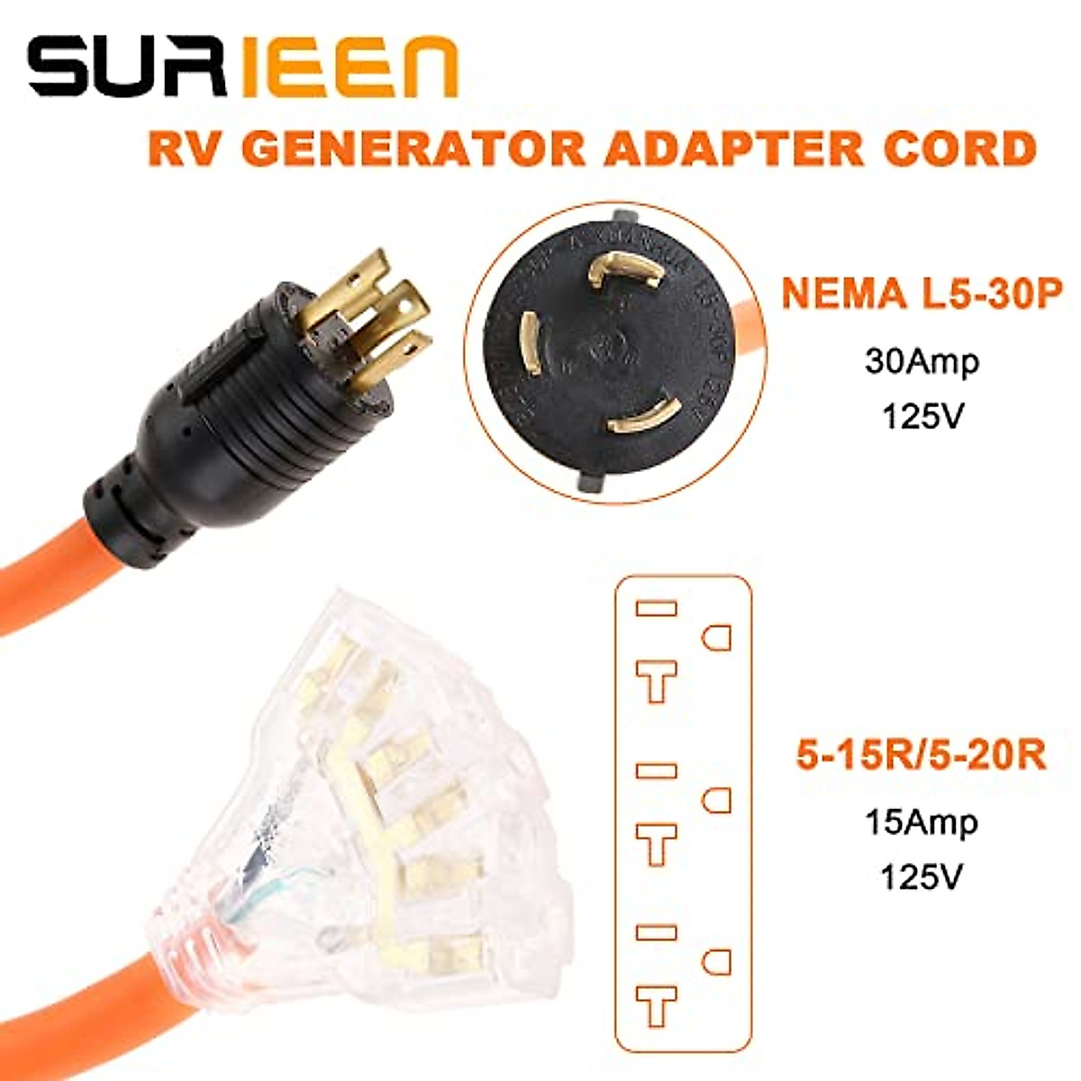 SURIEEN 30 Amp to 15 Amp Adapter Generator Power Cord, 3 Prong NEMA L5-30P Male Plug to 3X 5-20R/5-15R Female, Connectors Adapter Cord with Lighted End, 1.5 FT