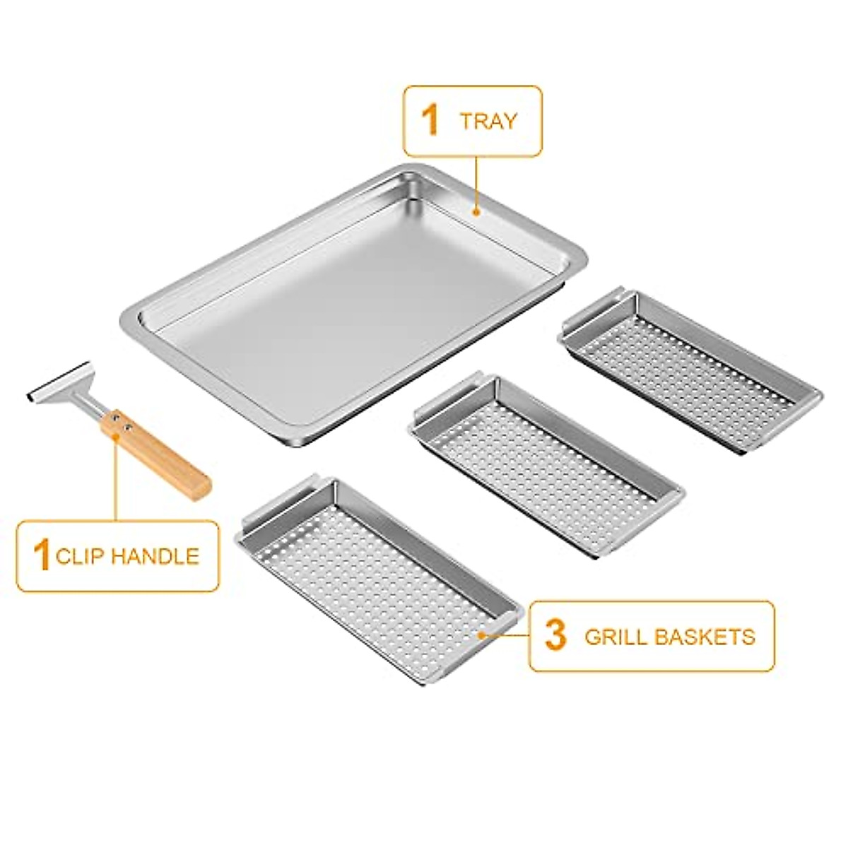 KEESHA 3 Pack Grill Baskets Set - Includes 3 Grill baskets a Serving Plate & Clamp Handle - Perforated Grill Pans Fit for Pit Boss for Weber for Camp Chef for Traeger Pellet & Charcoal Grills & Smokers