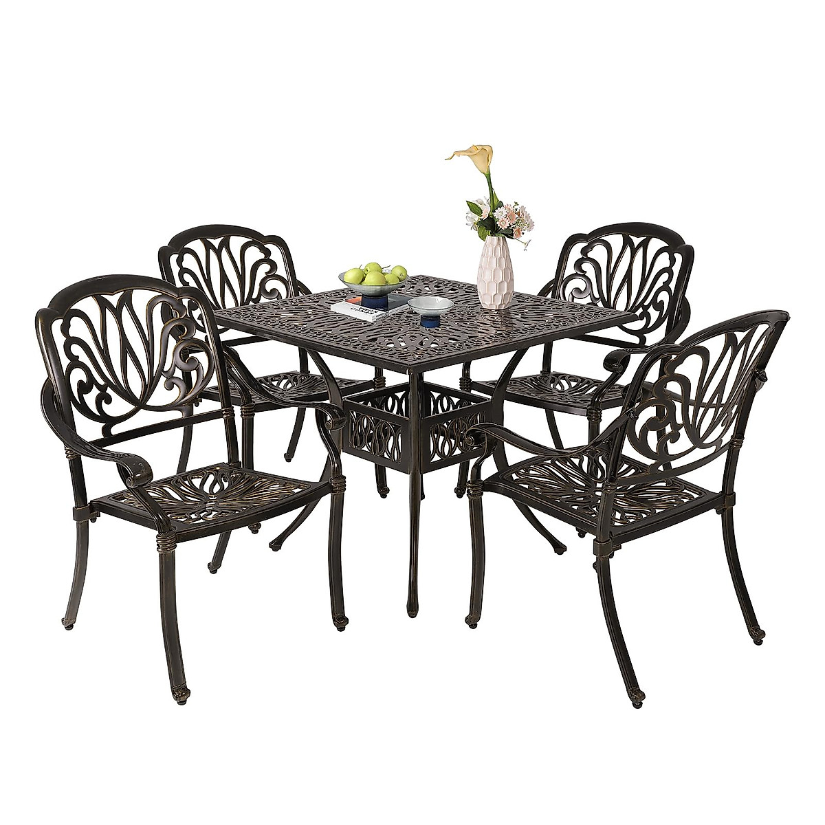 Sumshadow 5-Piece Cast Aluminum Outdoor Patio Dining Set, All Weather Cast Aluminum Outdoor Furniture Dining Set for Patio, Balcony, Lawn, Garden, Backyard w/4 Chairs and Cushions, 2.0" Umbrella Hole