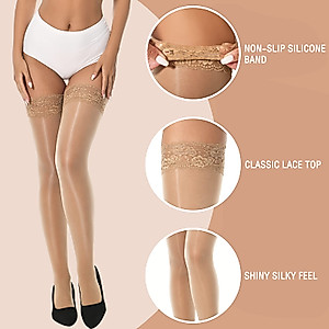 MANZI Shiny Thigh High Stockings Sexy Lace Top Stay Up Silky Sheer Stocking Shimmery Tights for Women 2 Pairs Pack Black and Natural L-XL