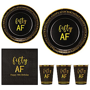 Crisky Black Gold Fifty Birthday Napkins Plates Cups Set for 50th Birthday Party Decorations Supplies, Disposable Tableware Set of 24 (9" Plates, 7" Plates, Luncheon Napkins, 9oz Cups)