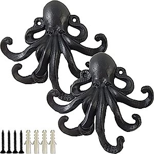 RONYOUNG 2PCS Heavy Duty Decorative Octopus Hook- Wall Mounted Coat Hooks/ Solid Cast Iron Unique Key Holders/ Home Decor (Black)