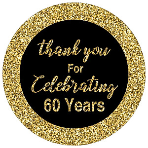 60th Birthday Thank You Stickers, Black and Gold 60th Birthday Favors, 60th Birthday Stickers, Anniversary Party Decorations, 1.75 Inch Round Circle Label Stickers, Pack of 50.