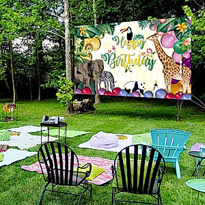 Happy Birthday Banner for Jungle Safari Theme Birthday Party Decorations, Fabric Animal Zoo Theme Birthday Party Backdrop Tropical Forest Poster for Boys Girls Birthday Party Wall Supplies, 185*110cm