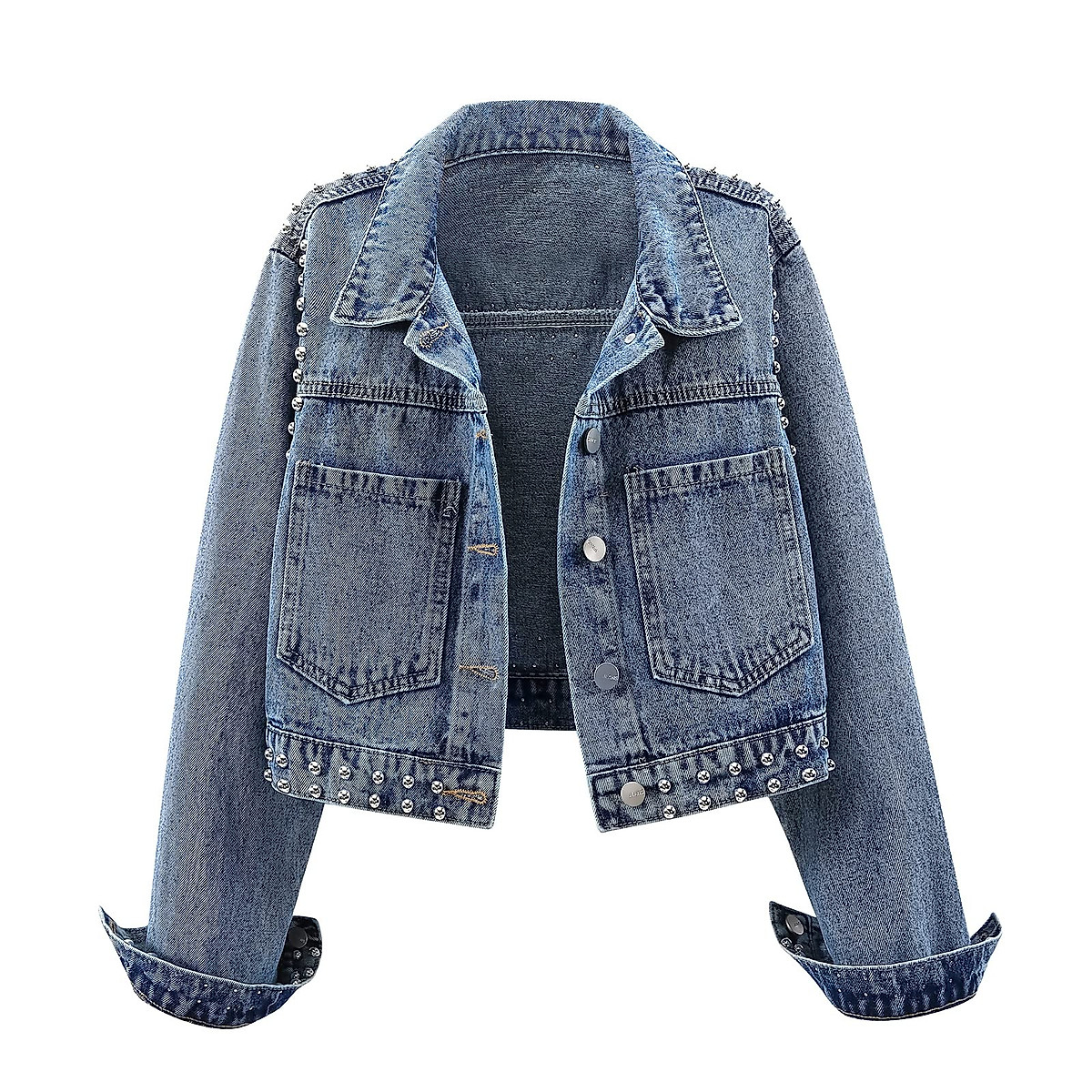 Women's Fashion Cropped Jean Jacket Lapel Long Sleeve Button Down Studded Short Rivet Denim Jacket Coat