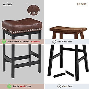OUllUO Single Bar Stools, 24" Counter Height Bar stools, PU Leather Bar Stools for Kitchen Counter, Modern Metal Base Padded Saddle Barstool with Nailhead Trim Stools for Island,Brown,918BR1