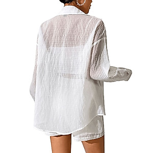 Verdusa Women's 2 Piece Outfit Sheer See Through Long Sleeve Button Up Shirt Blouse Top and High Waist Short Sets White S