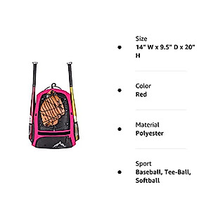 Himal Outdoors Baseball Bag - Bat Backpack for Baseball, T-Ball & Softball Equipment & Gear for Youth and Adults | Holds Bat, Helmet, Gloves and Cleats | Shoes Compartment & Fence Hook, 14" W x 9.5" D x 20" H, Red