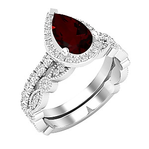 Dazzlingrock Collection 9X6 MM Pear Shaped Garnet and 0.78 Carat Round White Diamond Halo Alternating Marquise and Circle Wedding Ring Set for Women in 925 Sterling Silver, Size 6
