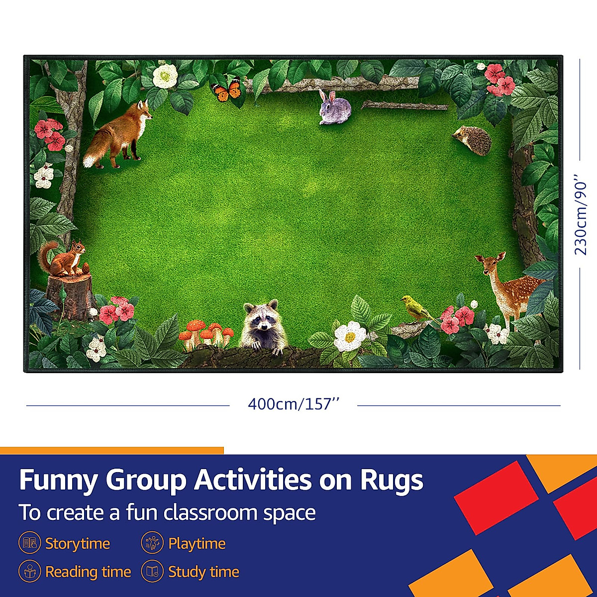 ABCarpet Kids Classroom Rug with Forest and Animals Large Area Rug for Kids Room, 13' x 7'5'' Play Mat for Children's Playroom or Bedroom, Non-Slip and Soft Education Kid's Play Carpet