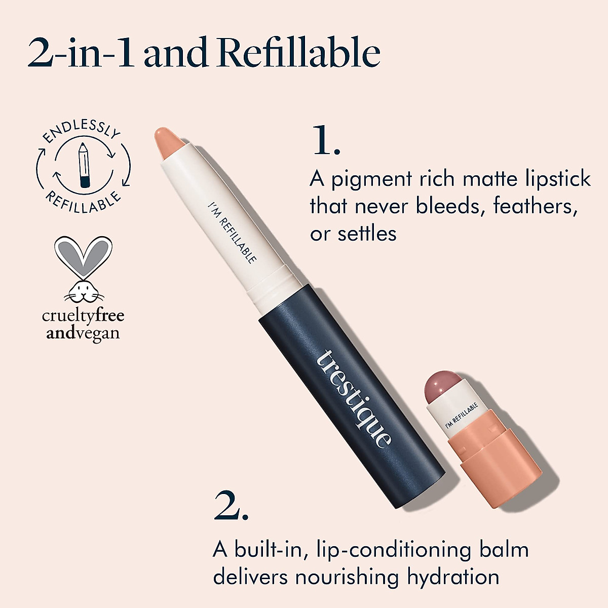 TRE'STIQUE Matte Lip Crayon, Matte Lipstick With Built-in Lip Gloss Balm, 2-in-1 Lip Liner Set With Lip Crayon and Lip Balm, Lipstick and Lip Gloss Balm Lip Kit (Nantucket Nude Refillable)