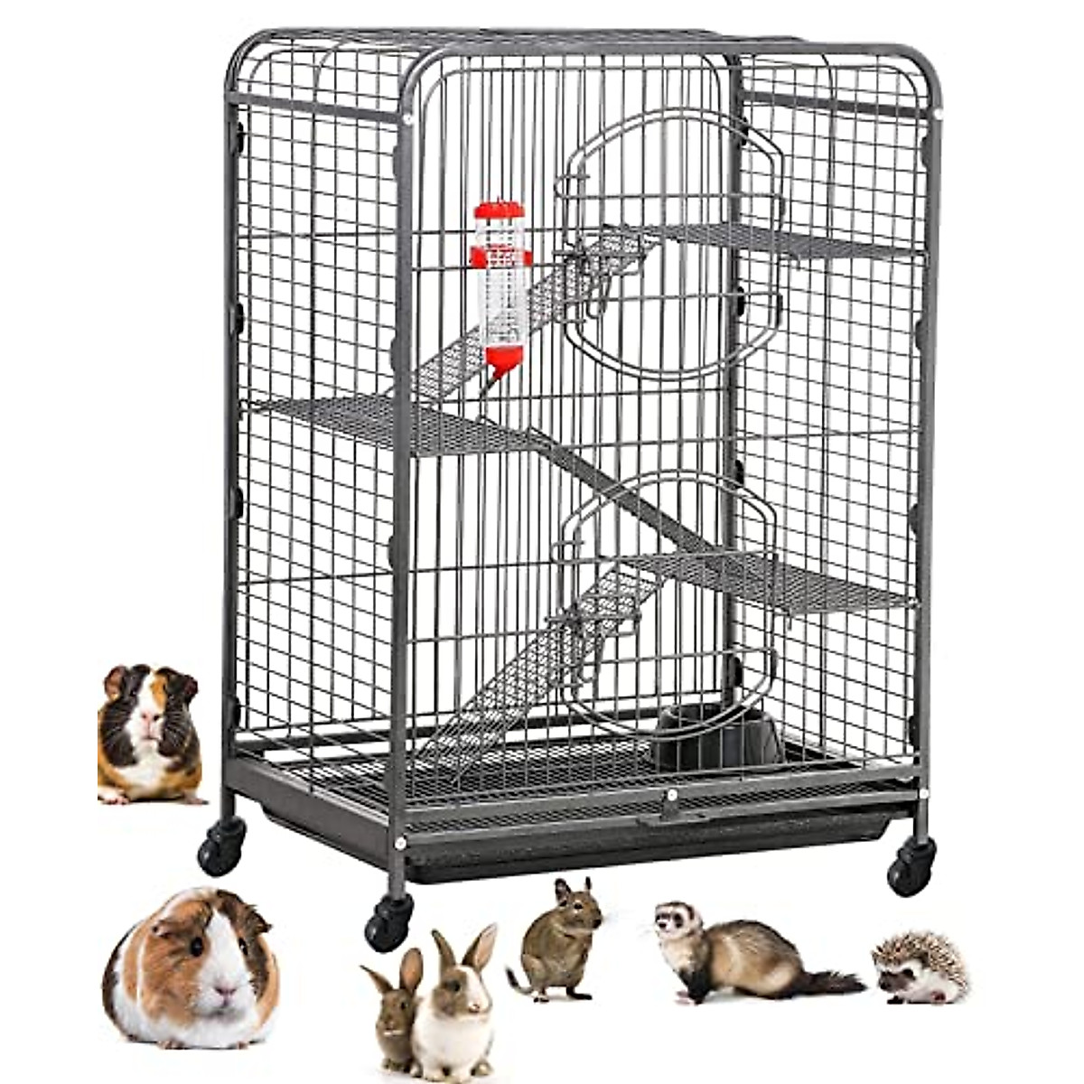 37-inch Metal Ferret Chinchilla Small Animals Hutch Rolling Cage Guinea Pig/Kitten/Rabbit Pet with 2 Front Doors for Indoor Outdoor (Black Vein, Metal Platform and Ladder)