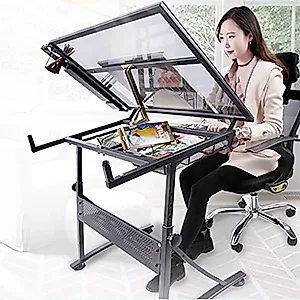 EESHHA Drawing Table Adjustable Glass Drafting Table,Versatile Art Study Table,with Storage Drawers,Art Studio Design Sketching Painting Work Station