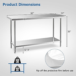 Goplus Stainless Steel Table with Wheels, 60” x 24” Rolling Kitchen Prep Table Work Table with Height Adjustable Under Shelf, Footpads, 900LBS Capacity, Food Prep Metal Table for Commercial Kitchen