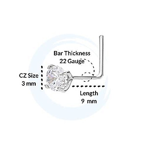 Lavari Jewelers 22 Gauge L-Shape Nose Ring for Women I 3 mm Cubic Zirconia Nose Ring for Her I 14k White Gold Nose Ring I CZ Unisex Stud Hypoallergenic Nostril Piercing Jewelry I 22G Body Piercing