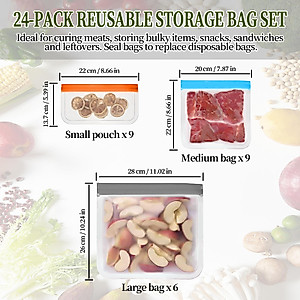 24 Pack Silicone Reusable Storage Bags, Dishwasher Safe Reusable Sandwich Bags BPA Free, Reusable Freezer Bags, Reusable Snack Bags, Gallon Lunch Bags for Food Storage, Marinate, Travel (6L, 9M, 9S)