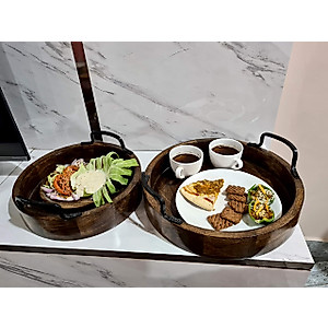 Handcrafted Antique Rustic Wooden Round Serving Trays Round with Handles Brown Kitchen Accessories Set of 2