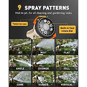 RAINPOINT Garden Hose Nozzle, 100% Zinc Alloy Hose Sprayer Nozzle with 9 Spray Patterns, High Pressure Water Hose Nozzle Heavy Duty Hand Sprayer, Watering Plants and Lawn, Car Washing, Pet Showering