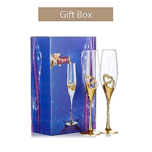 Wedding Champagne Glass Set Gold Toasting Flute Glasses Deluxe Pack of 2 with Rhinestone Rimmed Hearts Decoration for Wedding, Anniversary and Special Occasions