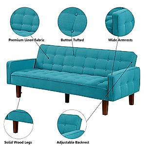 Betoko Linen Futon Sofa Couch 73.6" Fabric Upholstered Convertible Sofa Bed Minimalist Button Tufted Small 3 Seater Sleeper Futon Couch Set for Living Room Bedroom (Blue)
