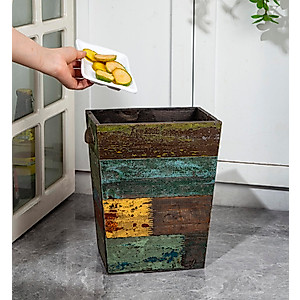 TIMRIS Small Wood Trash Can Wastebasket, Farmhouse Rectangular Garbage Can Waste Basket, Rustic Distressed Boho Wooden Trash Recycling Bin with Metal Handles, Reclaimed Wood Storage Basket (Random)
