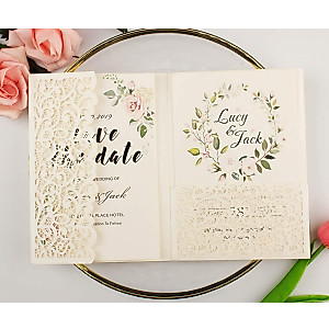 25 sets Vinatge Pearl Ivory Tri Fold Wedding Invitations Cards With Envelopes Inserts for Bridal Shower Birthday 5X7