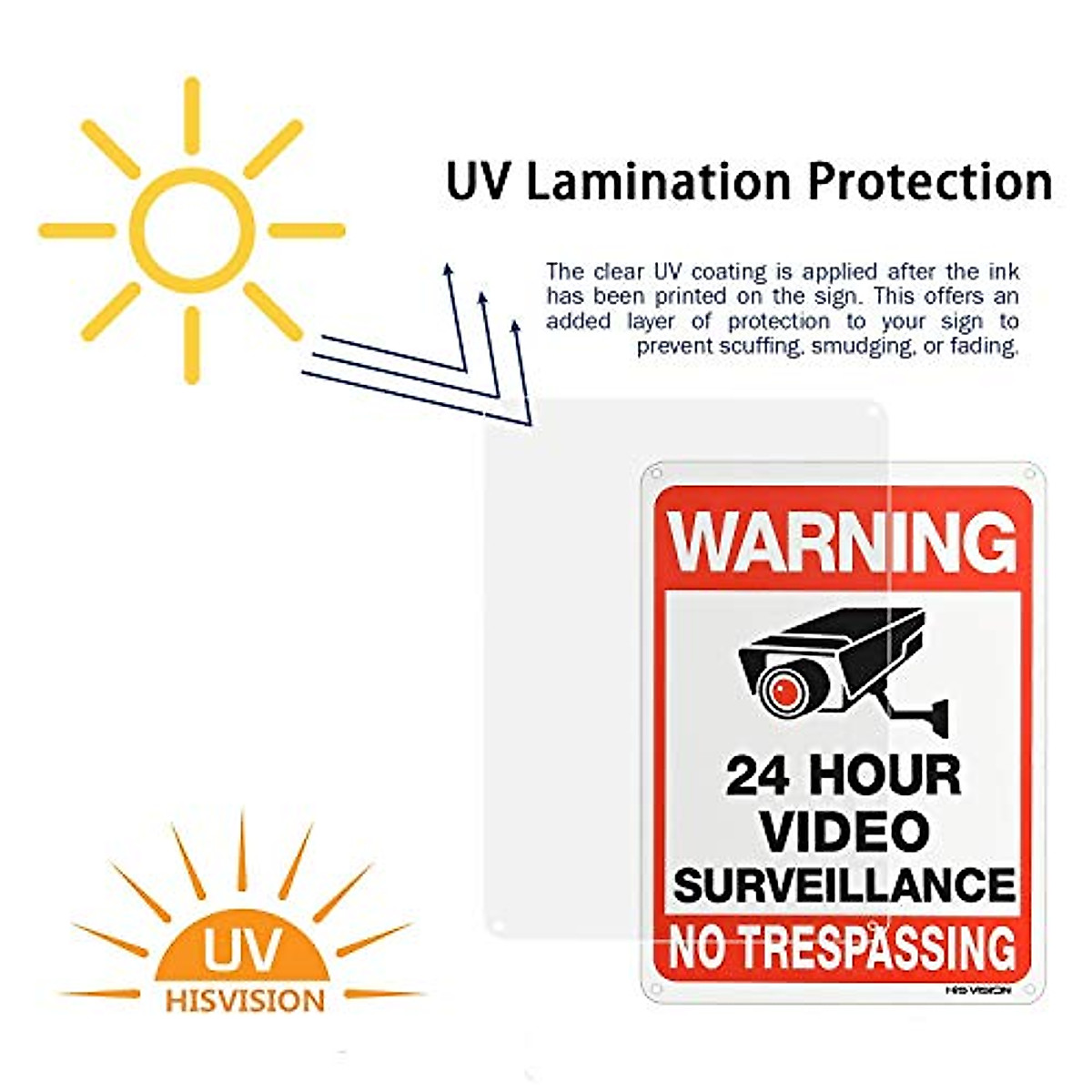 HISVISION Video Surveillance Sign 2-Pack, No Trespassing Metal Reflective Warning Sign, UV Protected & Waterproof, 10"x 7" 0.40 Aluminum Indoor Or Outdoor for Home House and Business Easy to Install