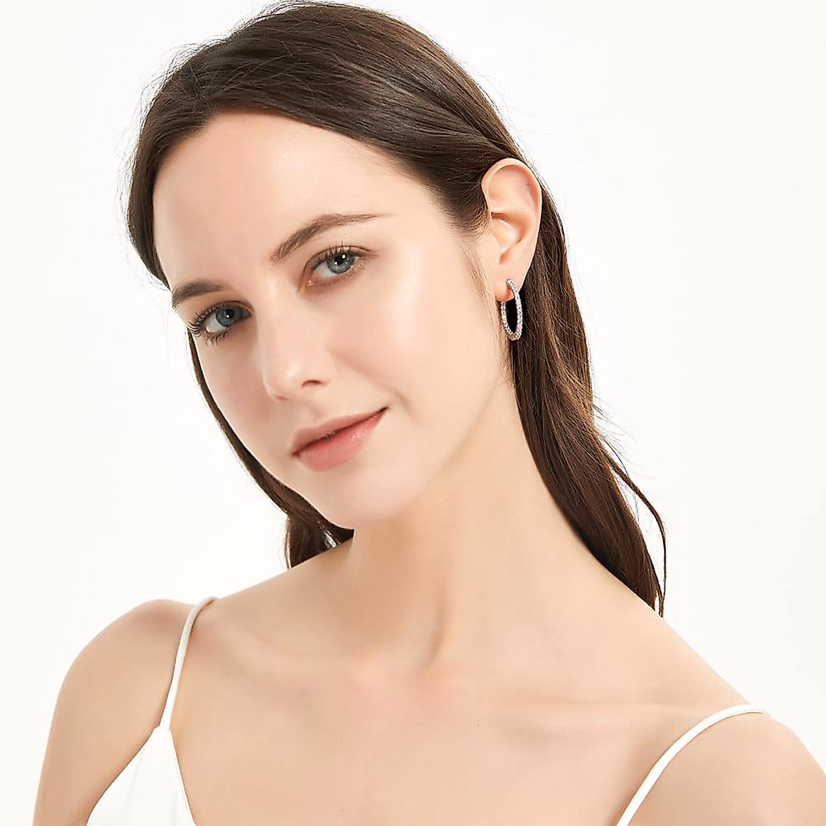 BERRICLE Sterling Silver Cubic Zirconia CZ Medium Fashion Inside-Out Hoop Earrings for Women, Rhodium Plated 1"