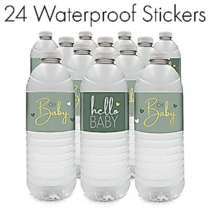 Green and Gold Baby Shower Water Bottle Labels - Greenery Sweet Baby Waterproof Wrappers - 24 Stickers