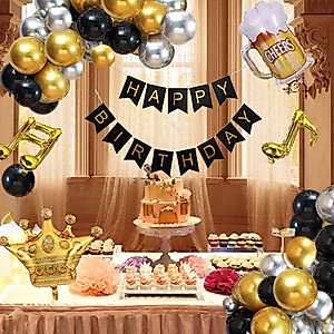 Black and Gold Birthday Party Decorations for Men, Happy Birthday Balloons for Him with Banner, Foil Balloons, Fringe Curtains, Crown, Beer Balloons for 18th 30th 40th 50th 60th 70th