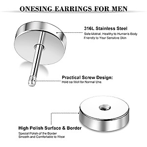 ONESING 12 Pairs Faux Gauge Earrings for Men Black Stud Earrings Silver Mens Earrings Faux Plugs Stainless Steel Earrings Set with Gift Box