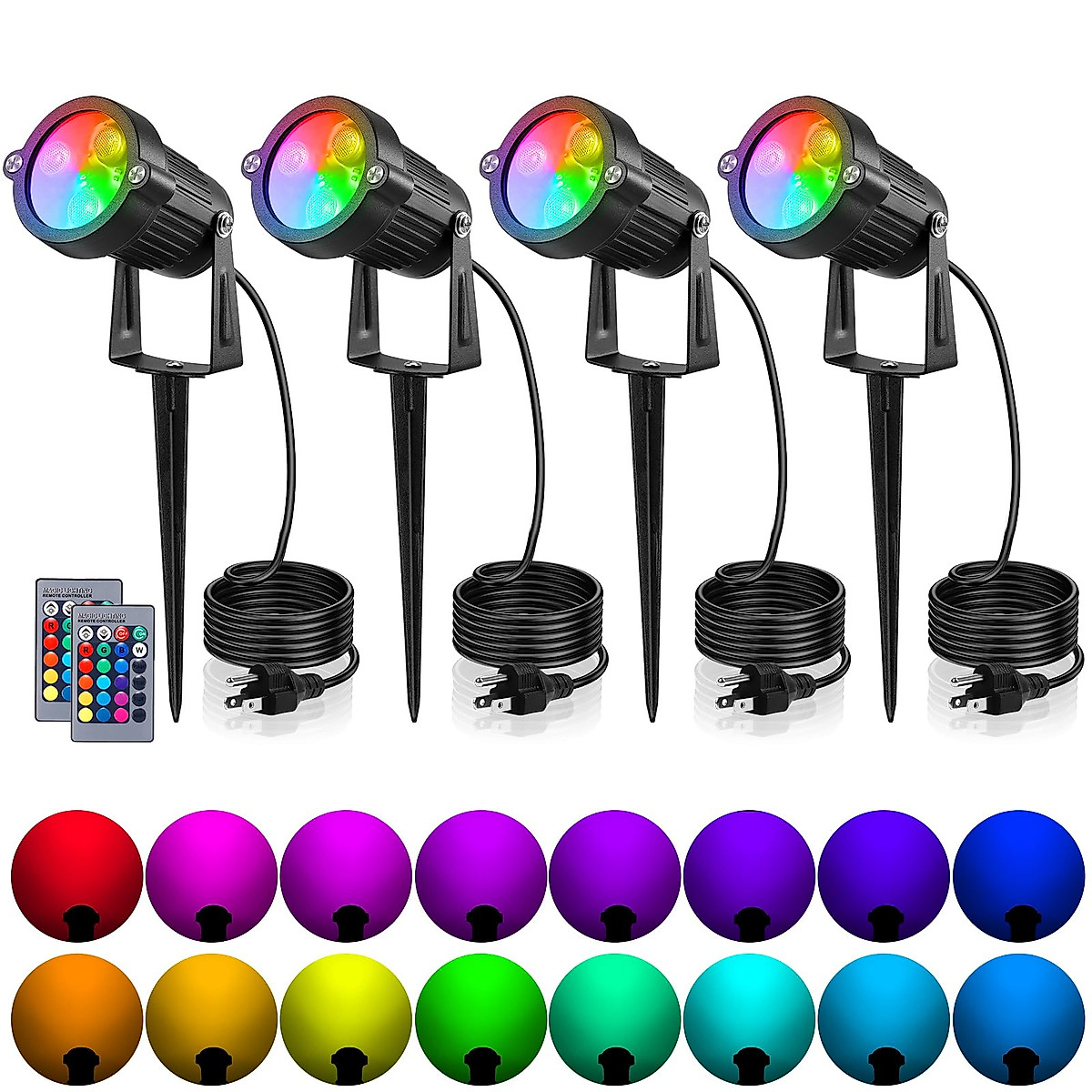 OurLeeme Lawn Flood Light Stake, 2-in-1 Waterproof Outdoor Remote controlle Landscape Lighting Spotlight Wall Light for Yard Garden Driveway Pathway Pool (4 Pack)