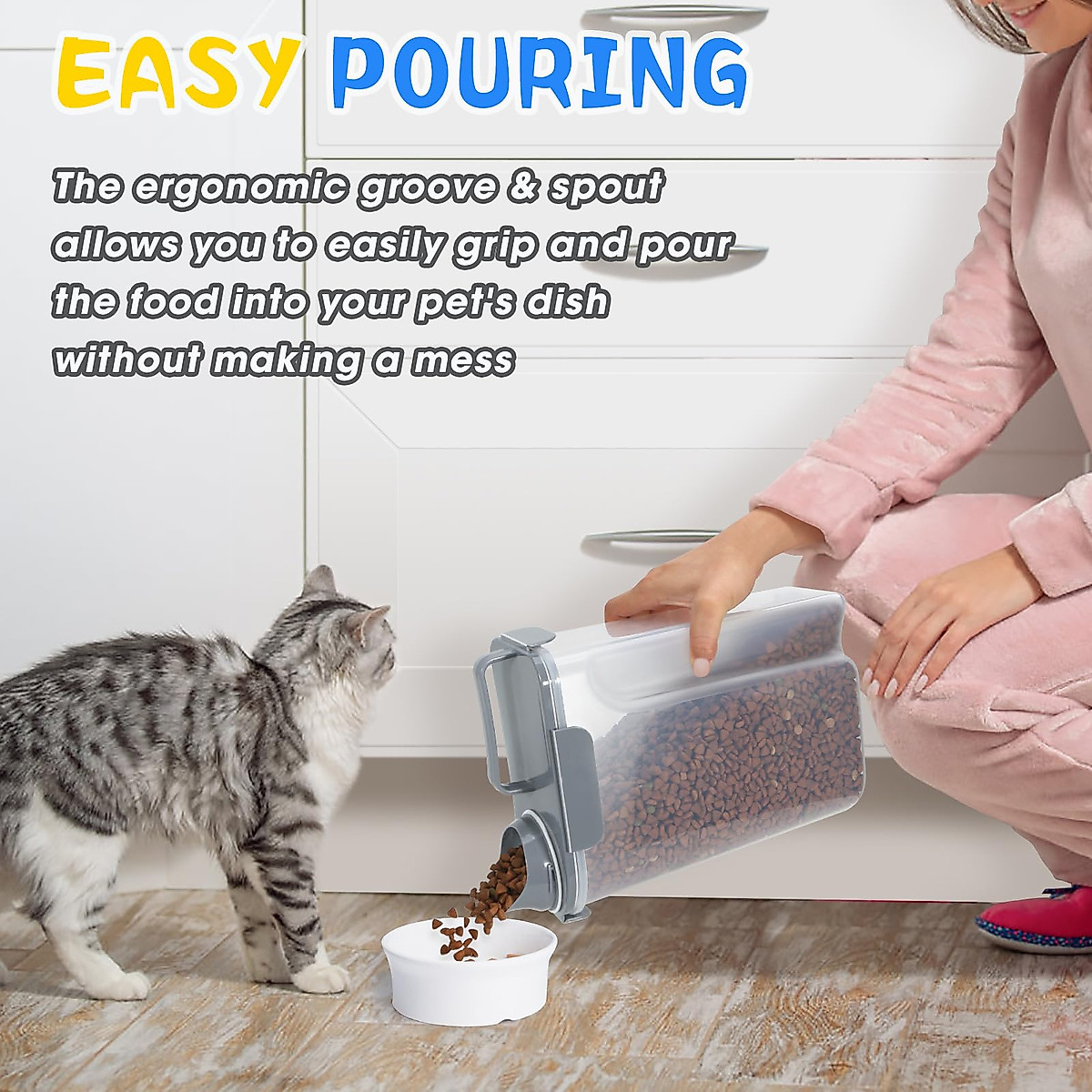 TBMax Large Cat Food Storage Container, Portable Dog Food Container with Upgraded Large Spout and Cup, Travel Pet Food Storage Dispenser for Small Animal Kibble Storage, Bird Seed Container - Grey