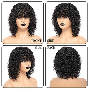 12" Short Curly Human Hair Wig with Bangs Curly Bob Wigs for Black Women Brazilian Human Virgin Hair Short Black Bob Wig with Bangs Human Hair Water Wave Wigs Glueless None Lace Wig Natural Color