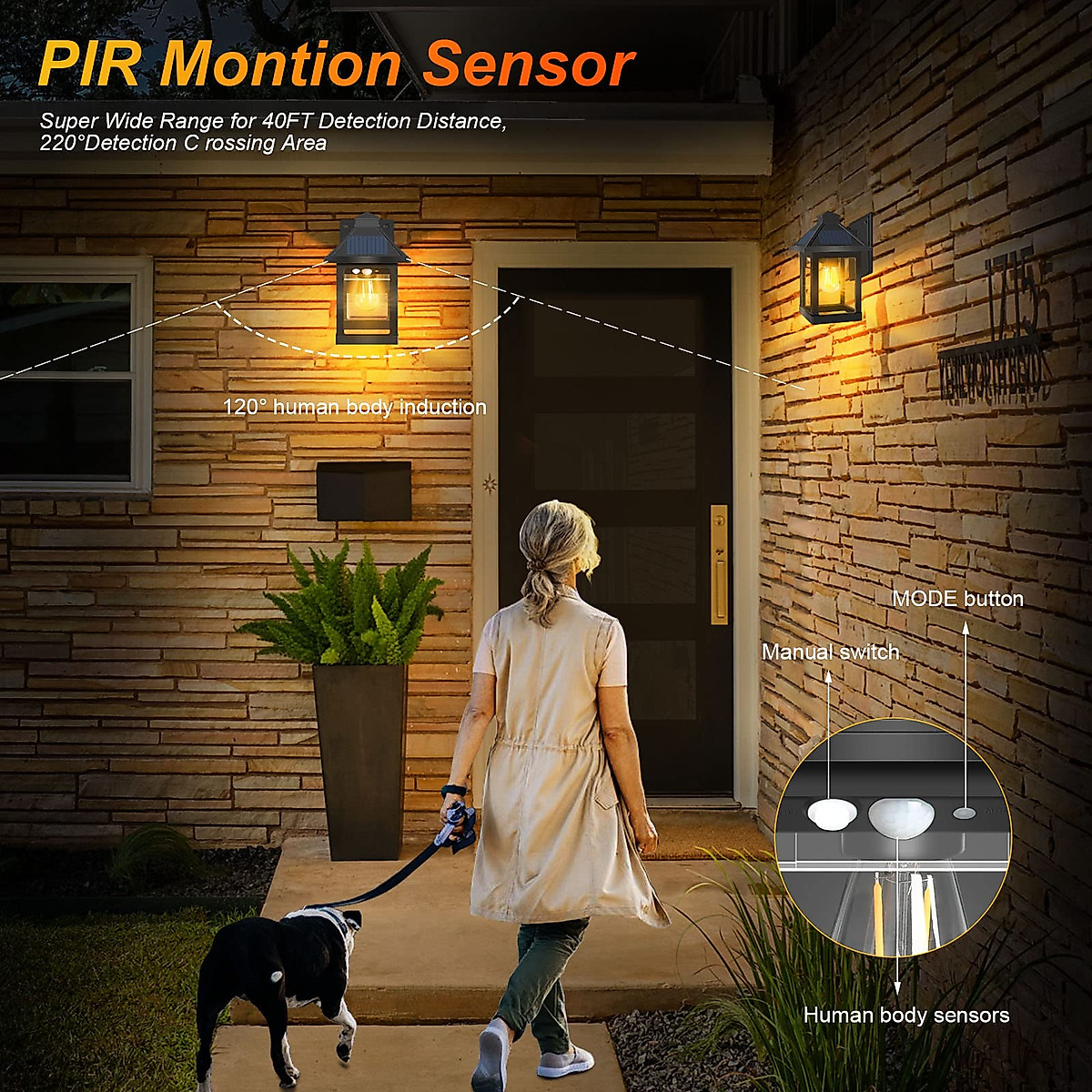 Solar Lanterns Outdoor Waterproof with 3 Modes, Solar Porch Lights Dusk to Dawn Outdoor Lighting, Motion Sensor Outdoor Wall Lights, Exterior Lighting Fixtures for Yard, Fence, Patio, Barn, Garage