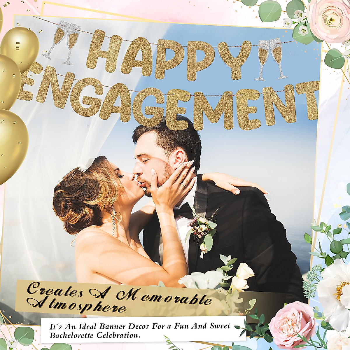 Breling Pre Strung Happy Engagement Banner Glitter Happy Engagement Party Decorations Engaged Banner Engagement Decorations Signs Party Decor Wedding Engagement Banners(Champagne Gold)