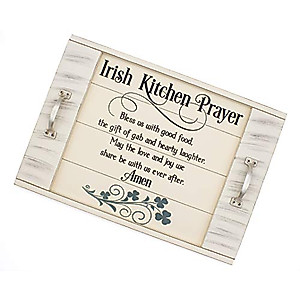 Irish Blessing Kitchen Prayer Serving Tray with slatted Wood Look 18"x12" with Silver Finish Metal Handles Irish Shamrock Motif and Prayer. Rustic Farmhouse Modern Irish Decorative Large Platter