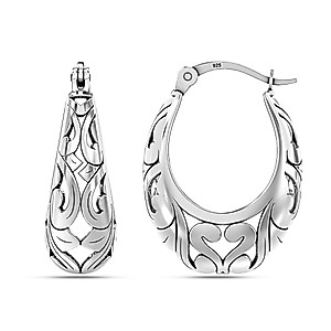 LeCalla 925 Sterling Silver Filigree Hoop Earring Jewelry Small Antique Oxidized Click-Top Filigree Earring Hoops for Women - 25mm