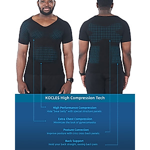 KOCLES Gynecomastia Compression Shirts for Men, Shapewear Slimming Body Shaper Undershirt, V-Neck Baselayer T-Shirt for Workout Sports, Fajas para Hombres (Black, X-Large)