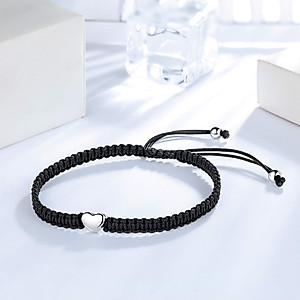 ZENI Heart Bracelet for Women girl, Black Rope Bracelet 925 Silver Handmade Braid Adjustable Bracelet Love Friendship Christmas Bracelet Gifts for Women Girls