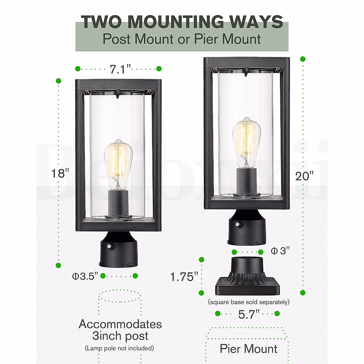 Beionxii Outdoor Post Lights, Dusk to Dawn Large Lamp Post Light Fixture, Black Cast Aluminum w/Clear Cylinder Glass (20" x 7") - A291P-1PK/S