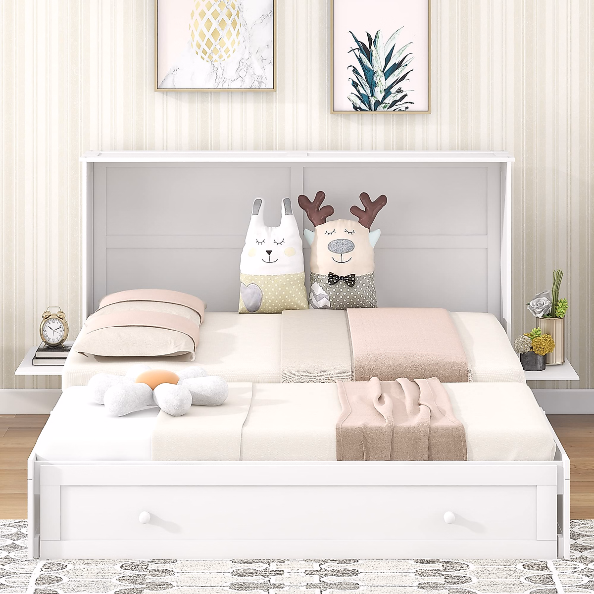 SOFTSEA Queen Murphy Bed Wood Cube Bed with Drawers and Side Shelves Modern Cube Cabinet Bed Foldable Platform Bed Frame for Guest Room or Home Office