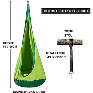 RedSwing Pod Swing for Kids, Cotton Child Hanging Pod Hammock Chair with Inflatable Cushion for Indoor Outdoor Use, Hardware Included, Green