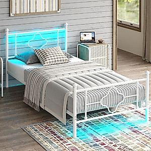 CollaredEagle Twin Size Bed Frame with Headboard and Footboard, Classic Metal Platform Bed Frame with Charging Station and LED Lights, Heavy Duty Slat Support Metal Bed Frame, No Noise, White
