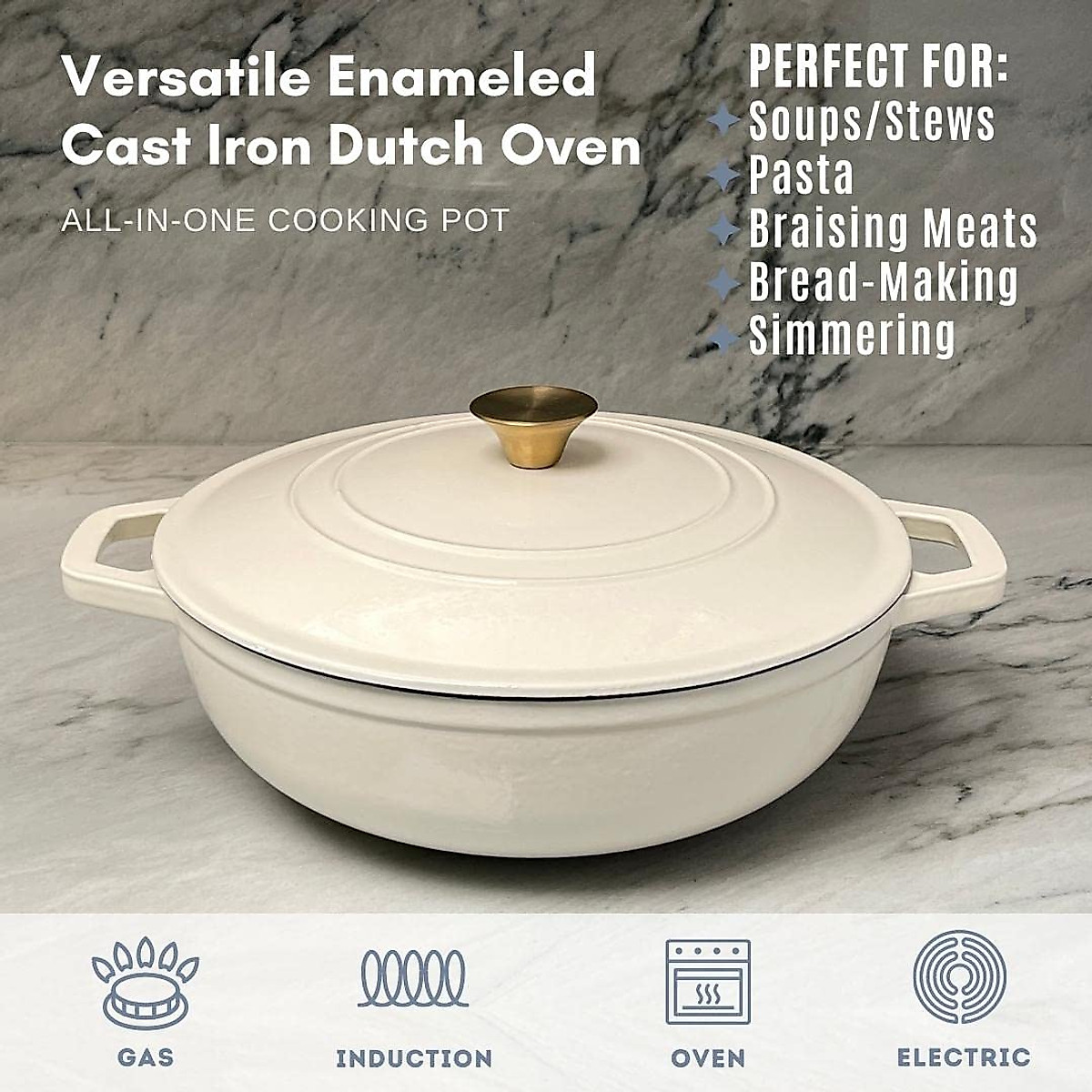 Lexi Home Enameled 5 Qt. Cast Iron Dutch Oven Braiser - Cream