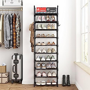 Fixwal 10 Tiers Shoe Rack for Closet, Tall Shoe Organizer Storage Shelf for 20-24 Pairs of Shoes and Boots, Narrow Metal Shoe Shelf with Hooks for Entryway Bedroom Hallway (Black)