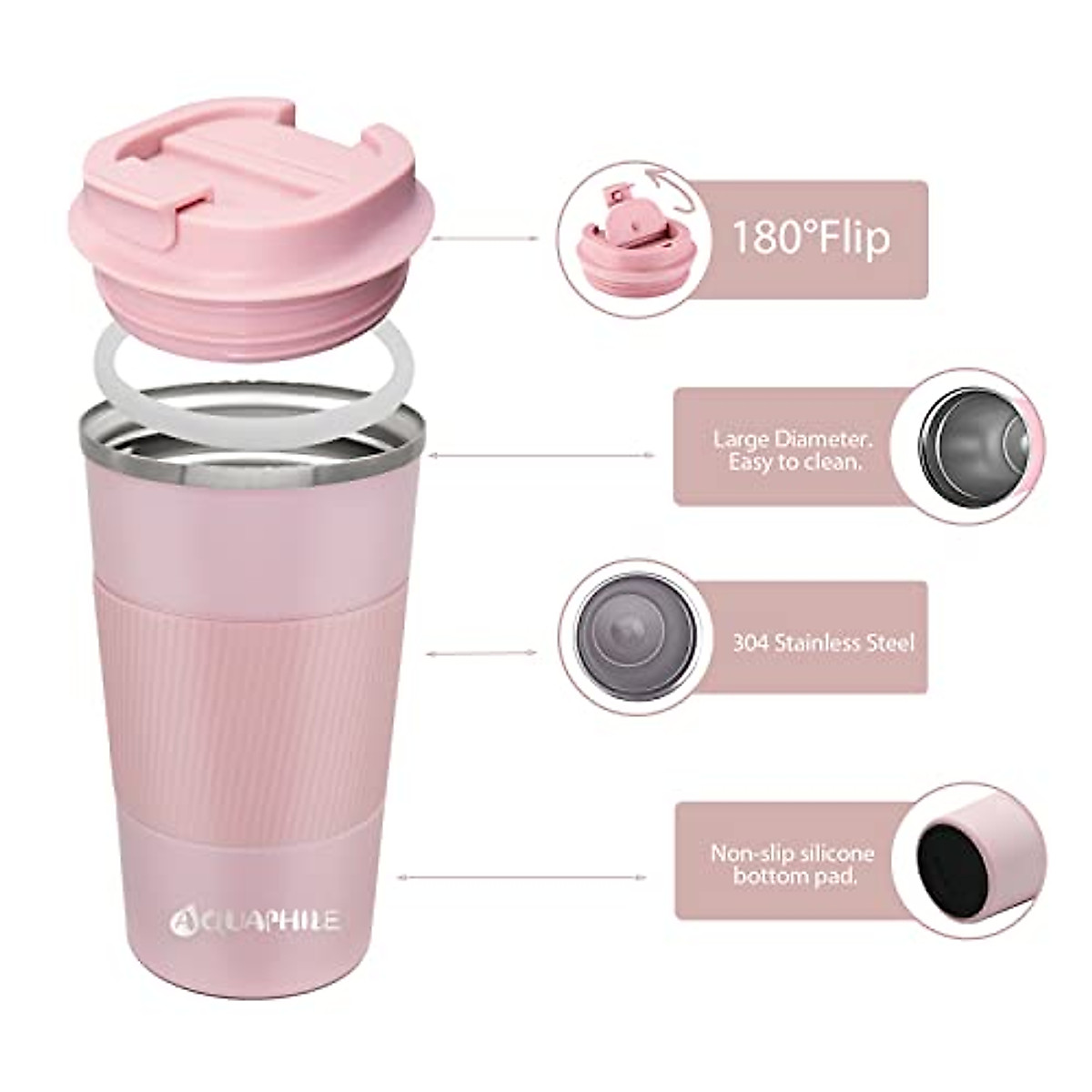 AQUAPHILE Reusable Coffee Cup, Coffee Travel Mug with Leak-proof Lid, Thermal Mug Double Walled Insulated Cup, Stainless Steel Portable Cup with Rubber Grip, for Hot and Cold Drinks(New-Pink, 12 Oz)