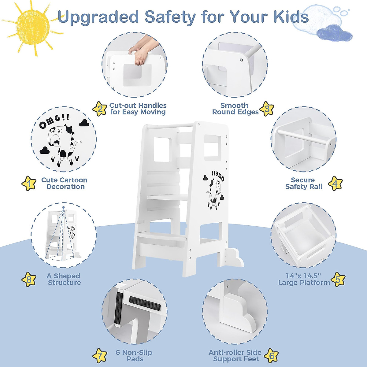 Kids Step Stool Toddler Learning Tower Solid Wood Kids Learning Stool, Kids' Standing Tower, Baby Standing Tower for Counter, Children Standing Stool - White