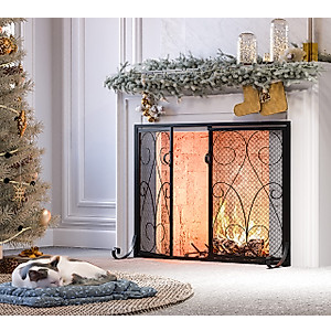 Kingson 2-Panel Fireplace Screen with Doors Handcrafted Wrought Iron Decorative Mesh, Symmetric Scroll Fire Spark Guard-Black