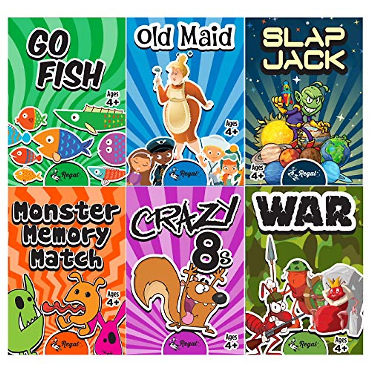 Regal Games - Kids Classic Card Games - Includes Old Maid, Go Fish, Slapjack, Crazy 8's, War, and Silly Monster Memory Match- for Family Game Nights, Parties - Set of 6 Games